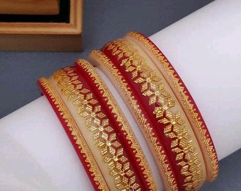 Traditional Bengali Gold Binding Bangles, Shakha Pola Bangles, Red ...