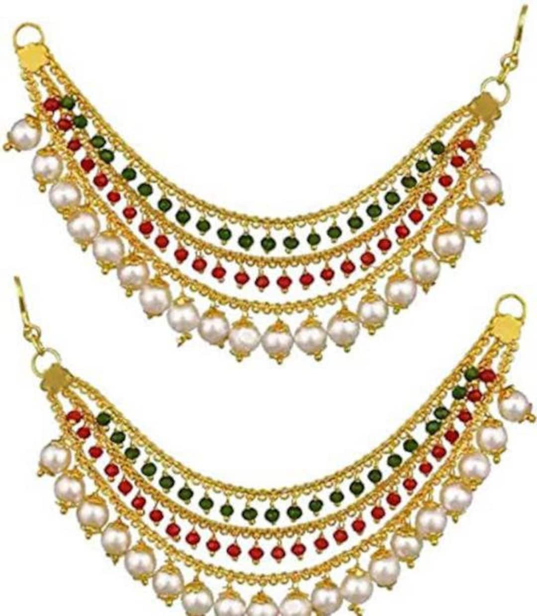 Pearls Gold Plated Bahubali Style Circular Stud Hair Chain, Kundan ...