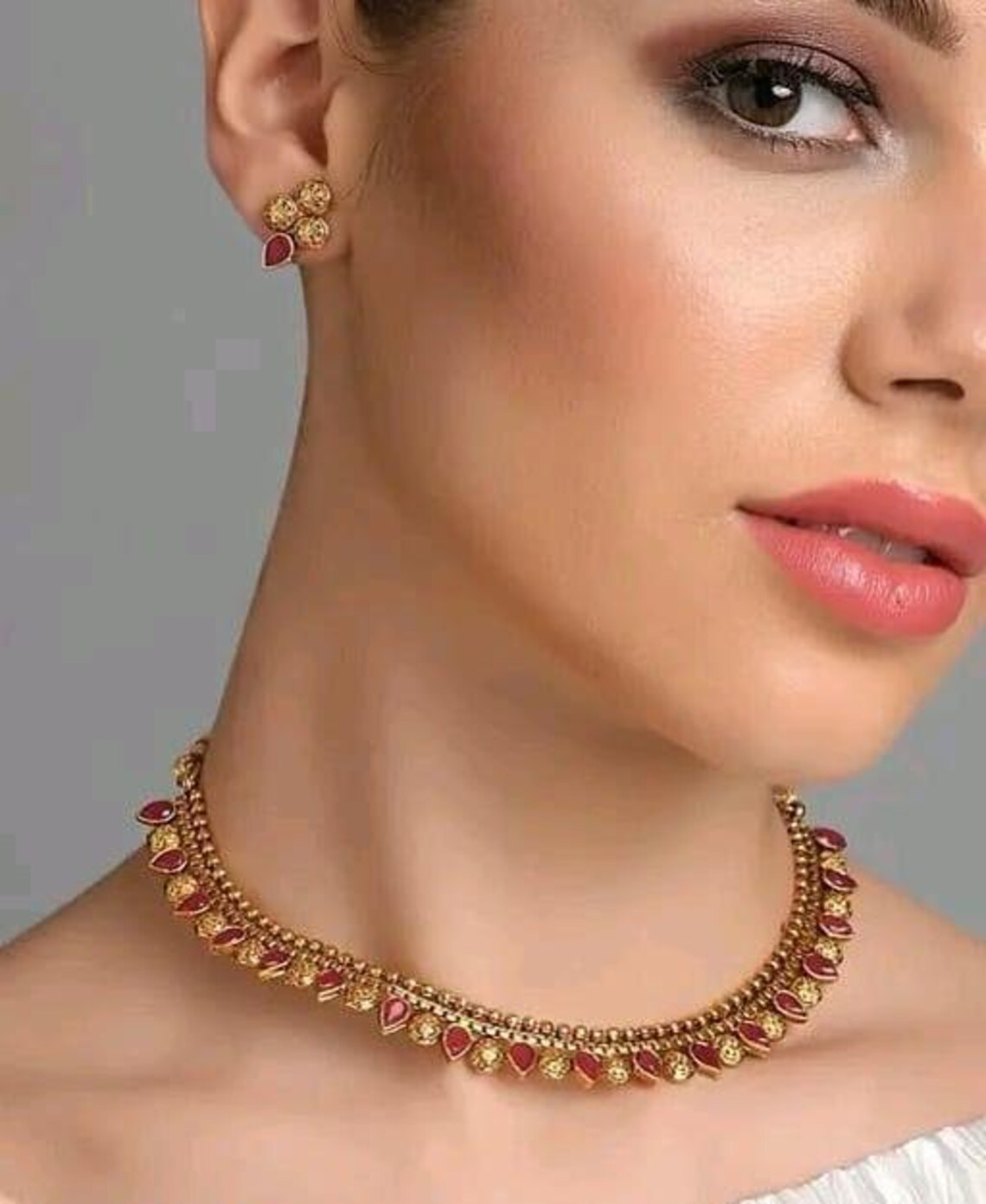 Ruby Kundan Studded Pearls Dropping Bridal Gold Finish Choker Set ...