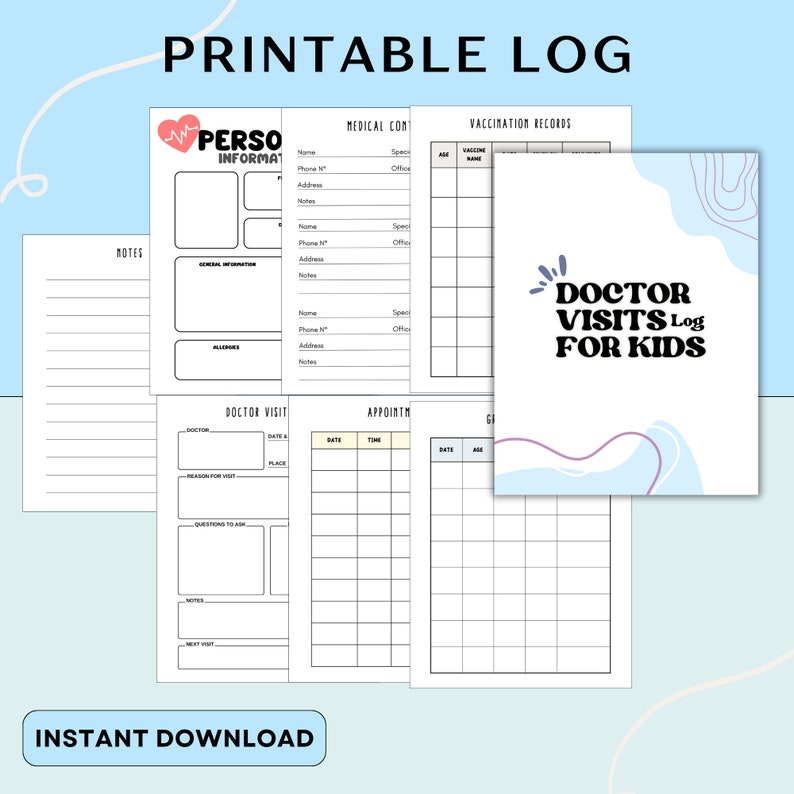 Digital and Printable Doctor Visits Log for KIDS, Health Record Sheet ...