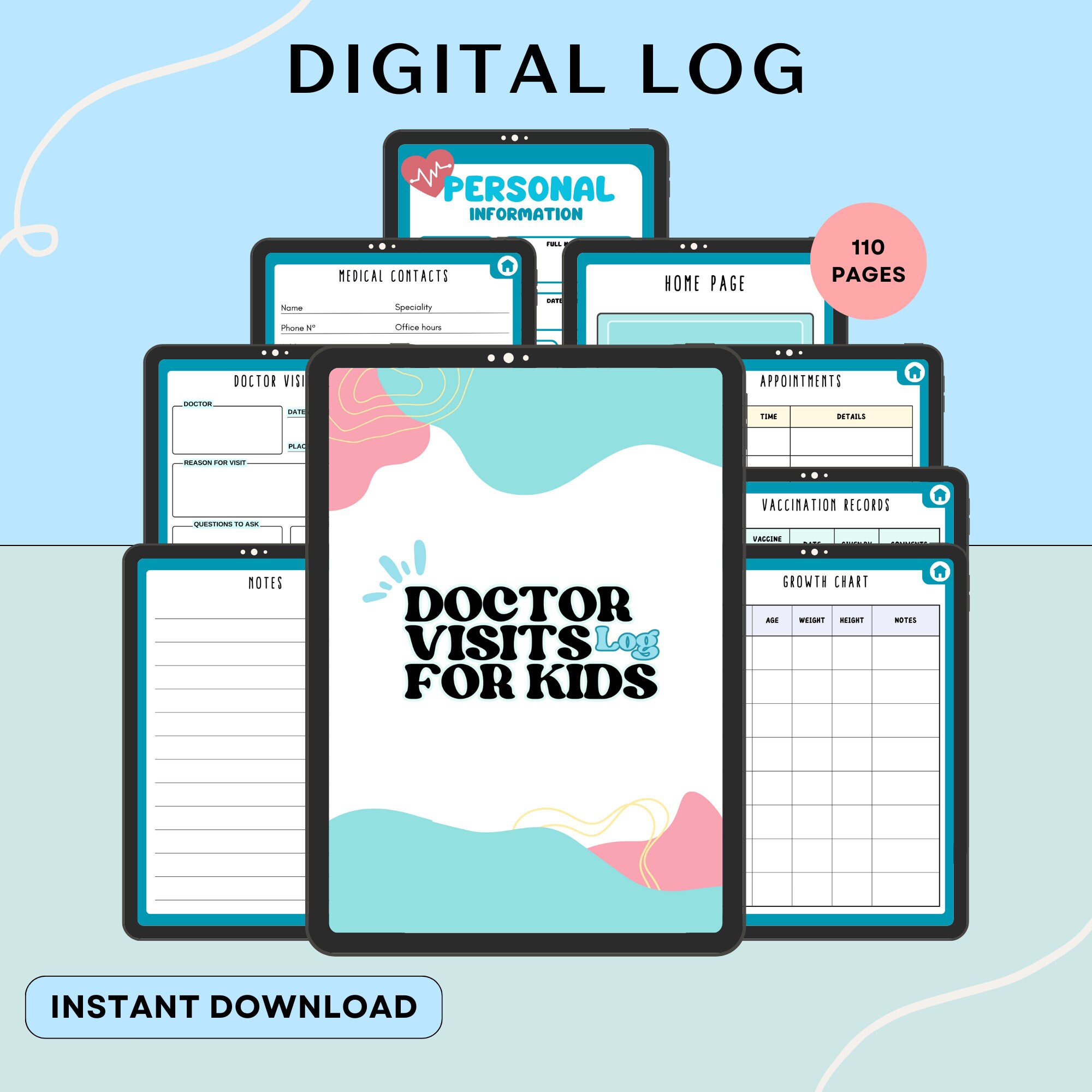 Digital and Printable Doctor Visits Log for KIDS, Health Record Sheet ...