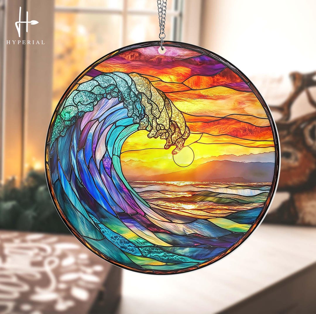 Sea Waves Acrylic Suncatcher, Sunset on the Beach Window Hanging, Ocean ...