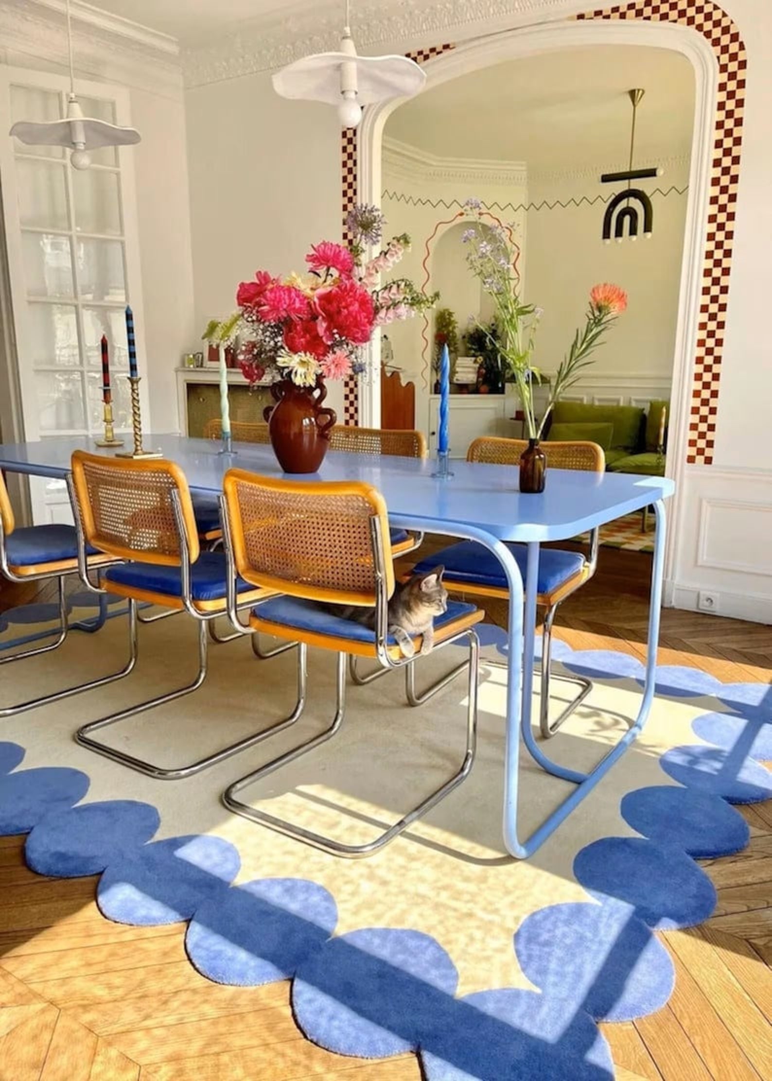 Scalloped Blue Tufted Rug, Wool 8X10 Handmade Rug,, Irregular Shape ...