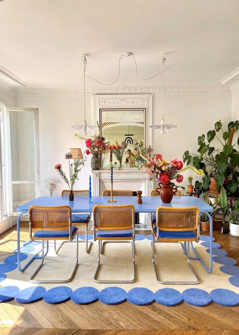 Scalloped Blue Tufted Rug, Wool 8X10 Handmade Rug,, Irregular Shape ...