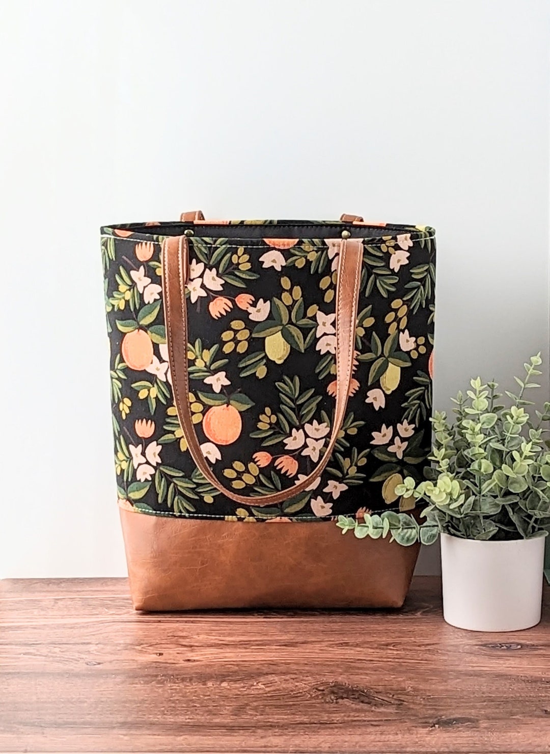 Black Citrus Print Tote: Rifle Paper Co, Flower Bag, Vegan Leather Tote ...