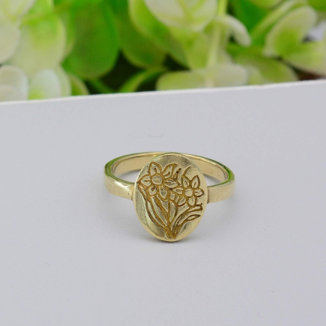 Gold Floral Signet Ring: Brass Lily Flower, Personalized, - Etsy
