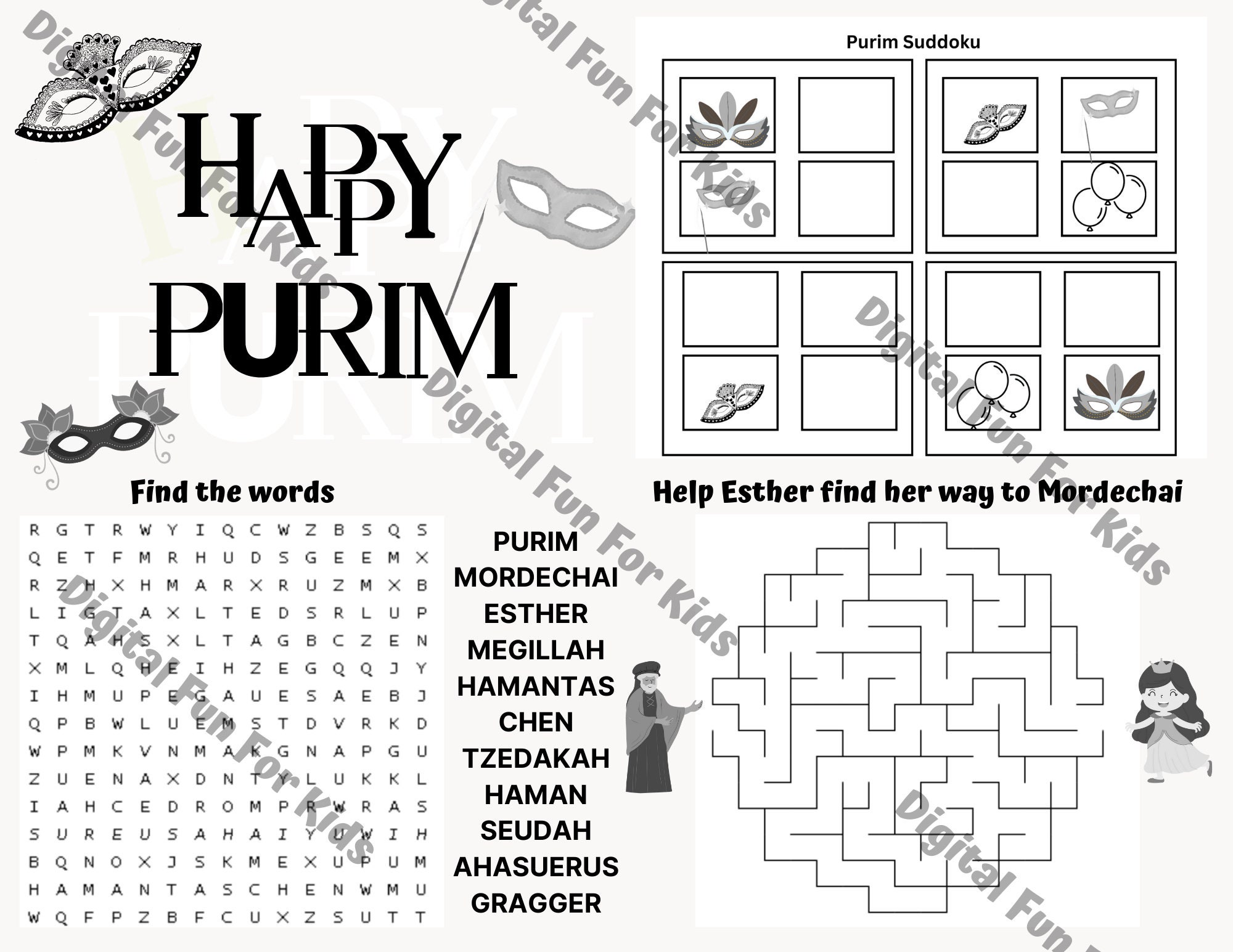 Purim Activity for Kids Purim Placemat Purim Games Printable Instant ...
