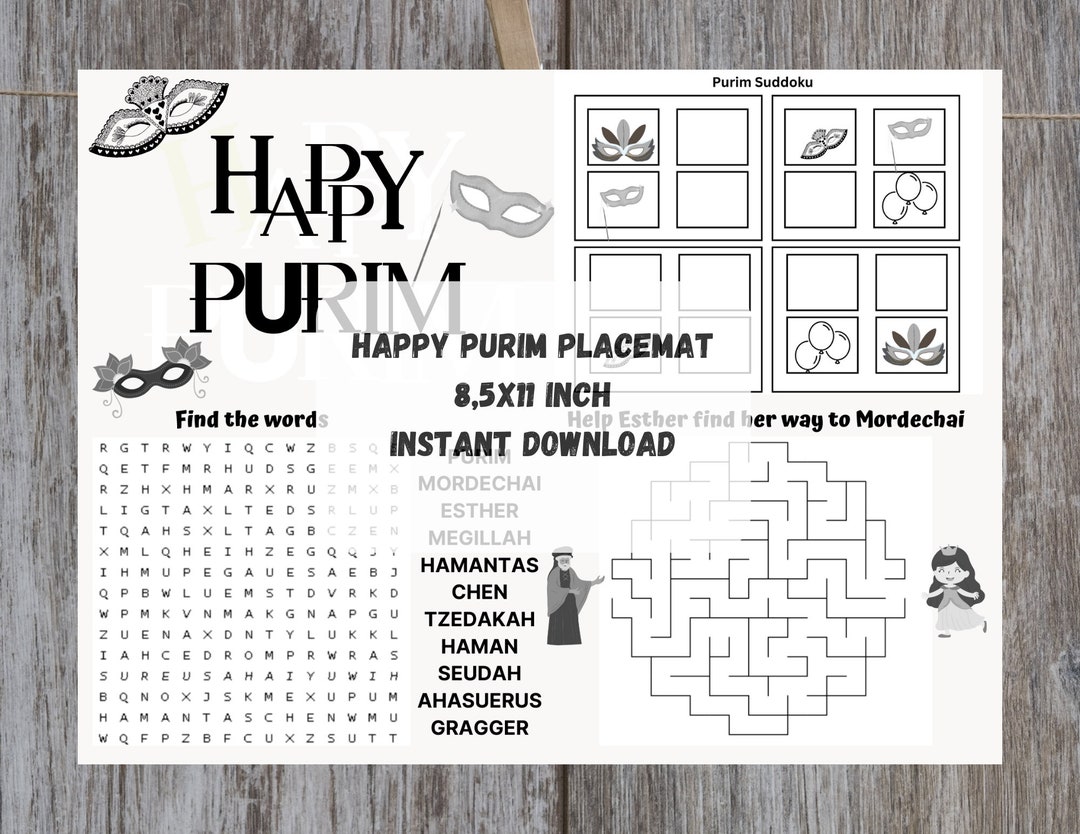 Purim Activity for Kids Purim Placemat Purim Games Printable Instant ...