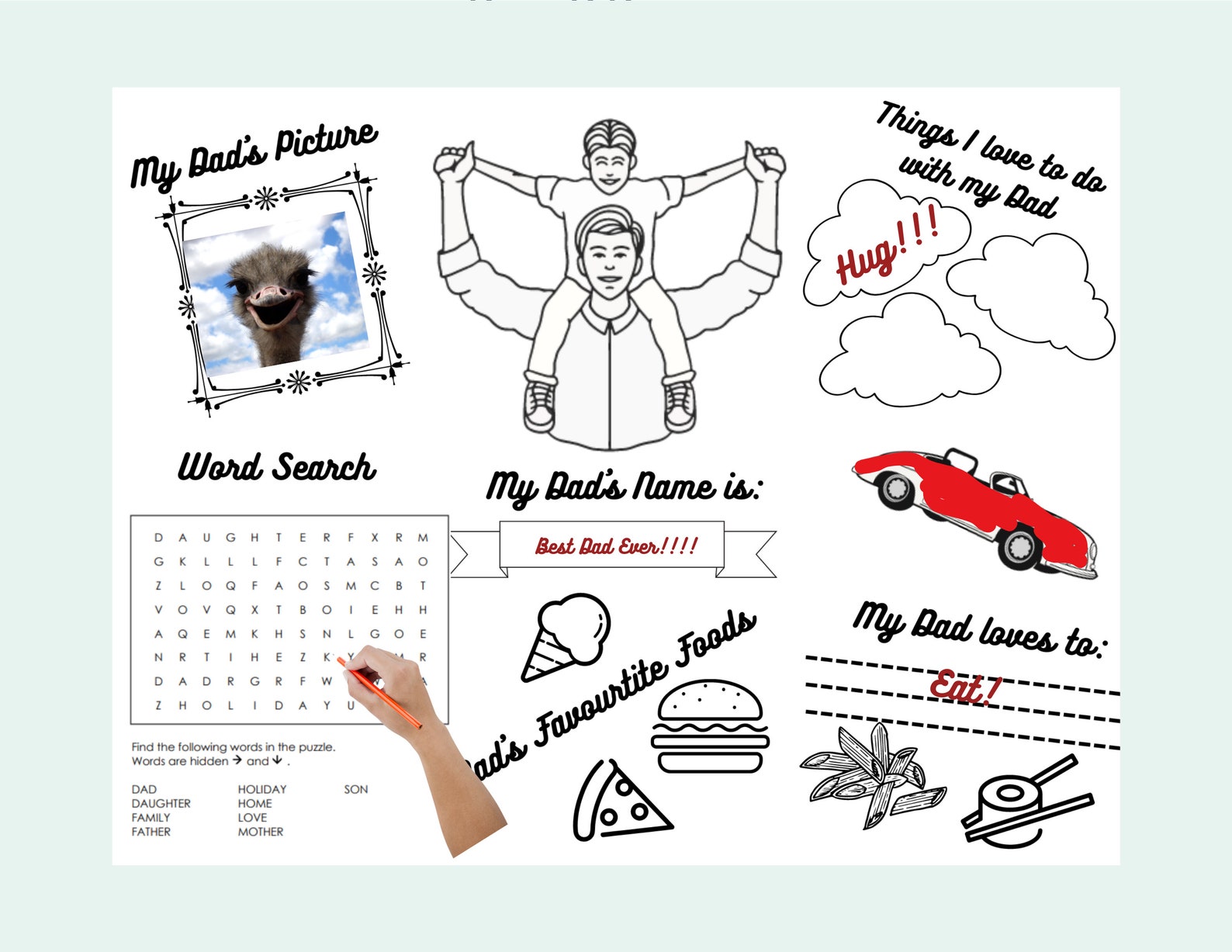 Fathers Day Placemat , Printable Gift for Dad, Father's Day Coloring ...