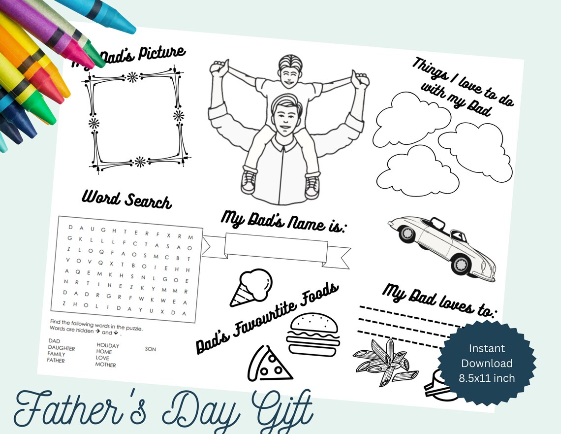 Fathers Day Placemat , Printable Gift for Dad, Father's Day Coloring ...