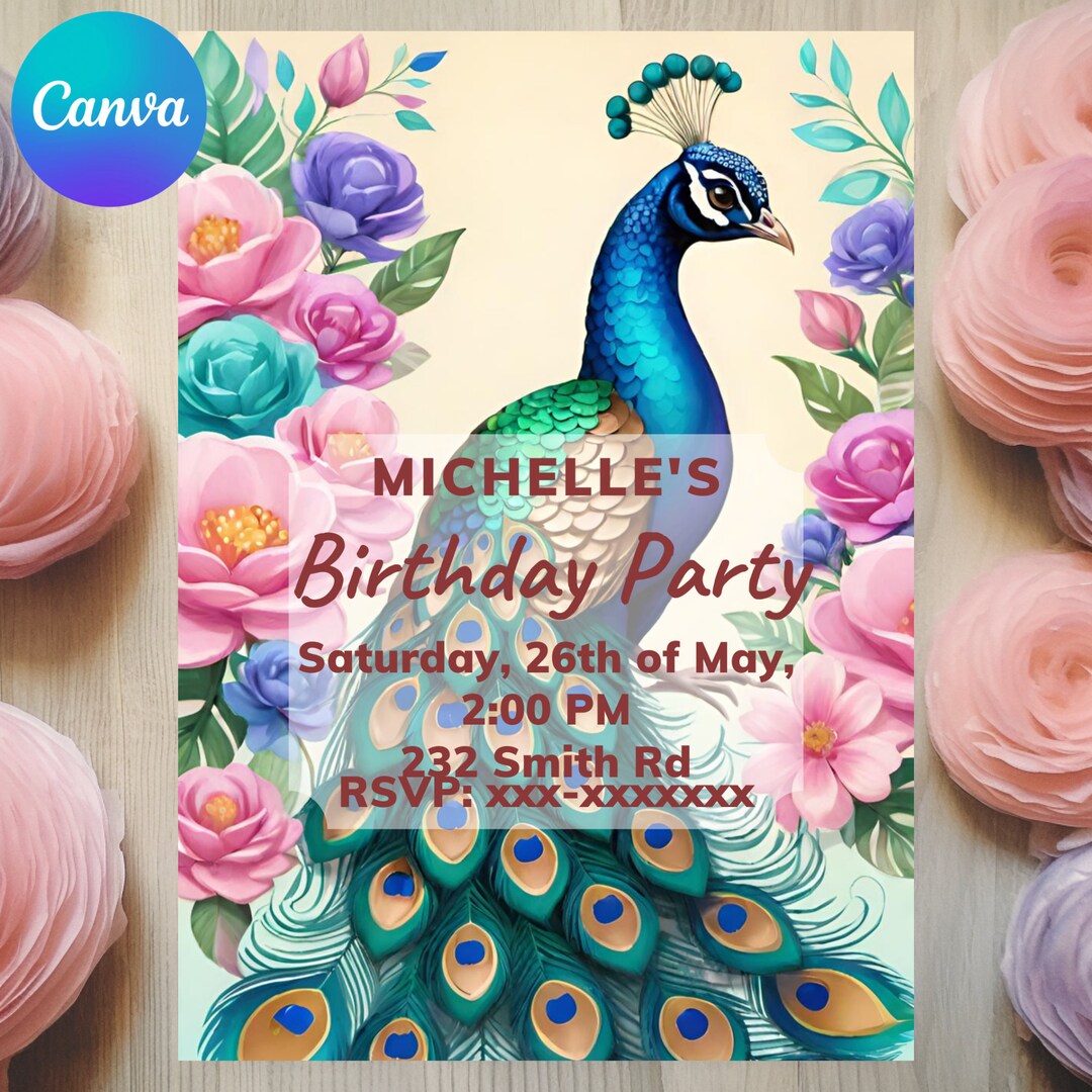 Peacock Birthday Invitation: Editable Printable Card (digital Download ...