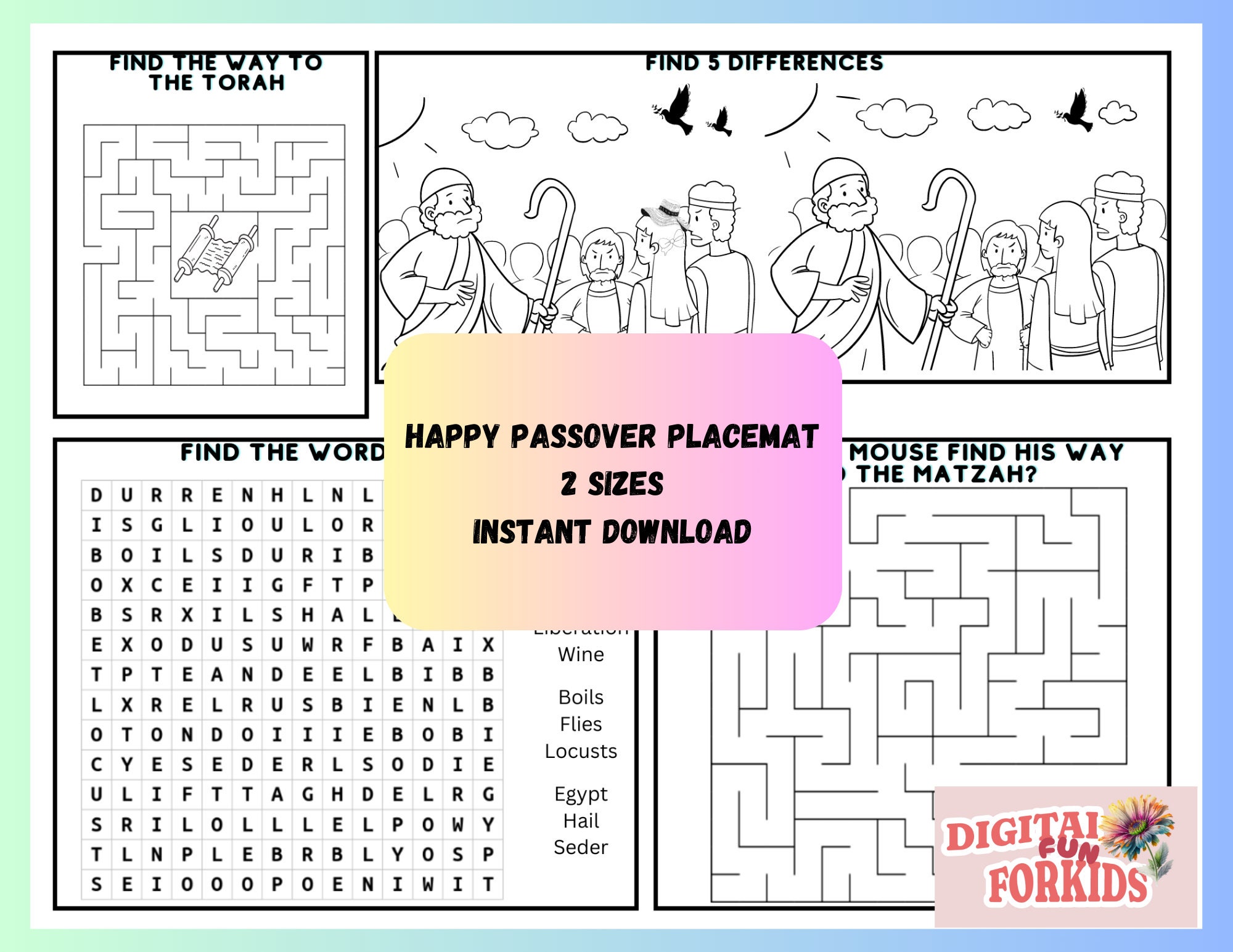 Passover Placemat, Passover Activity for Kids, Pesach Coloring ...