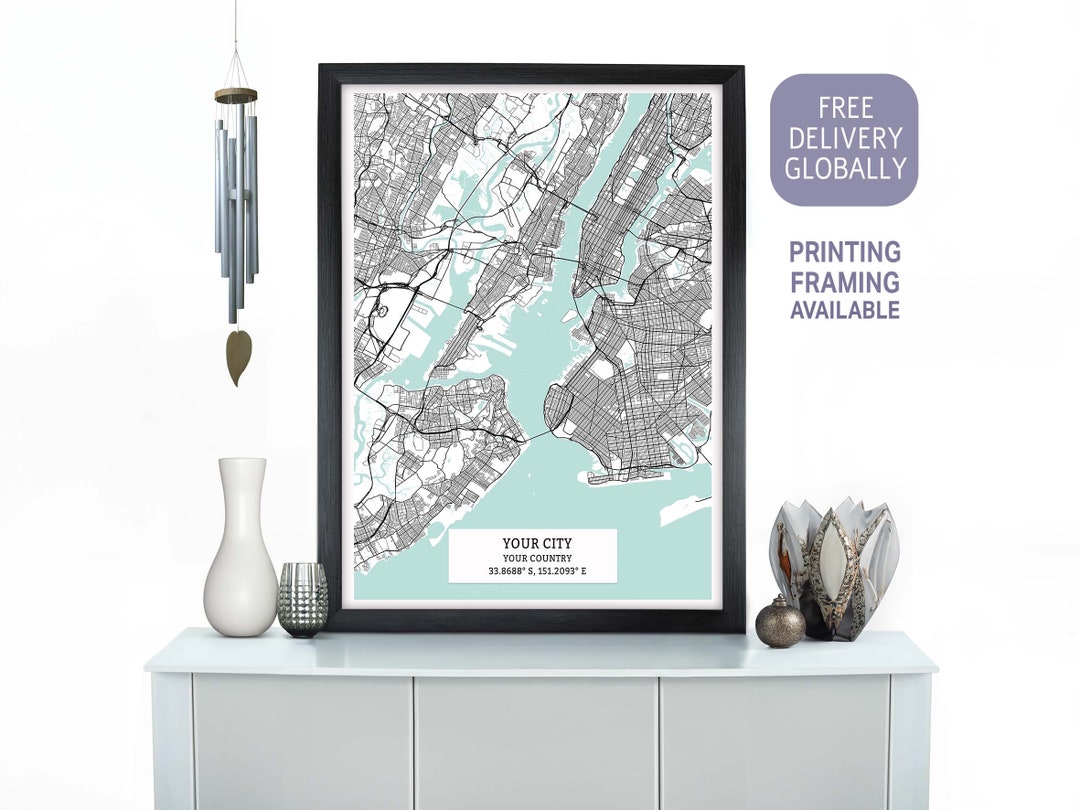 Home City Map Gift, Custom City Map Present, Personalized Map Wall Art ...