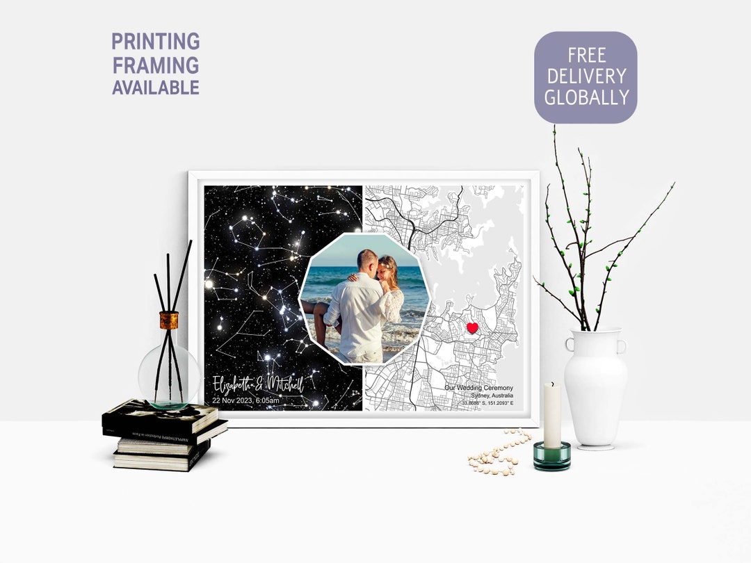 Mapa de estrellas y mapa de ubicación, arte de pared de decoración de ...