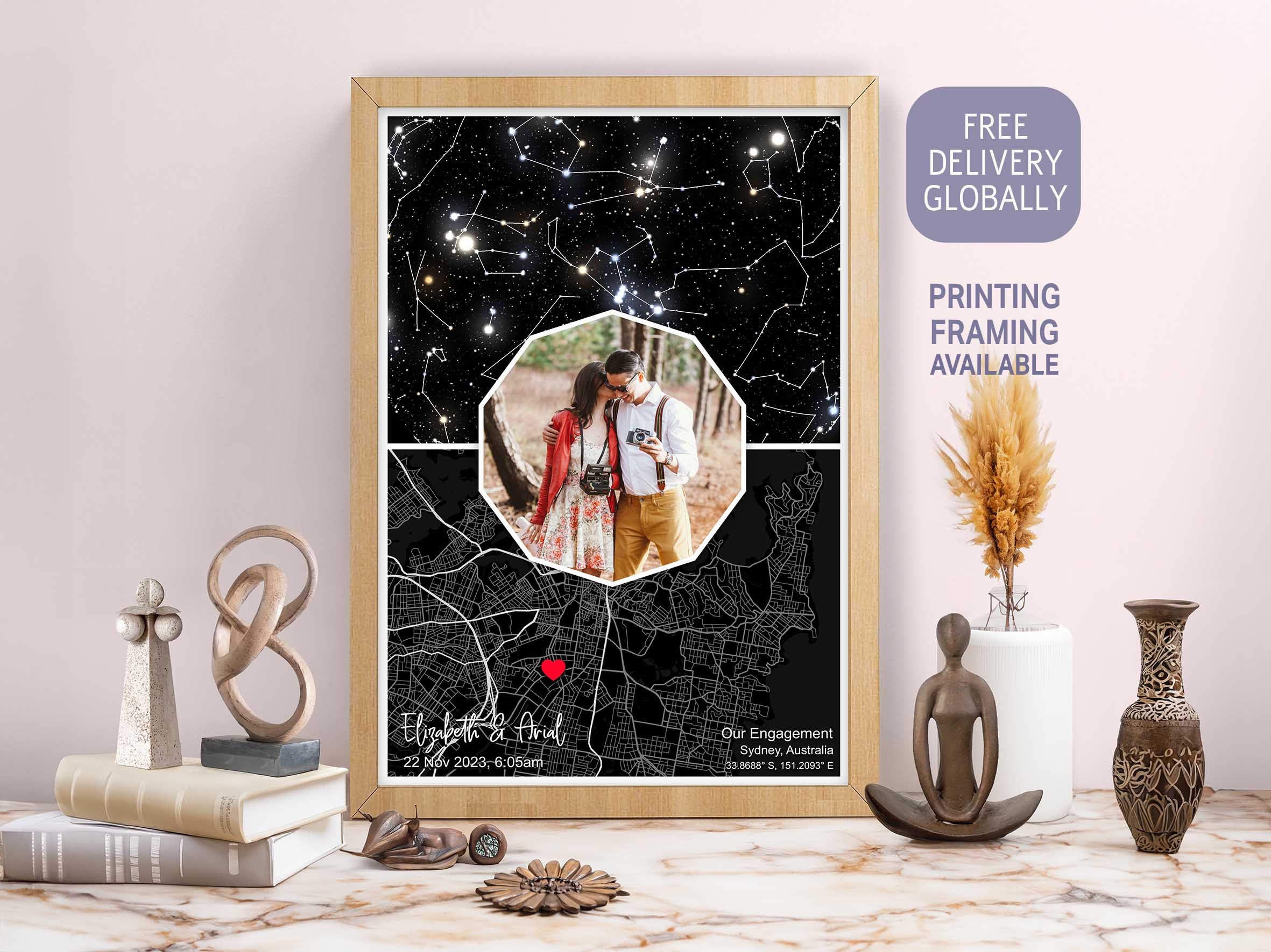 Mapa de estrellas y mapa de ubicación, arte de pared de decoración de ...