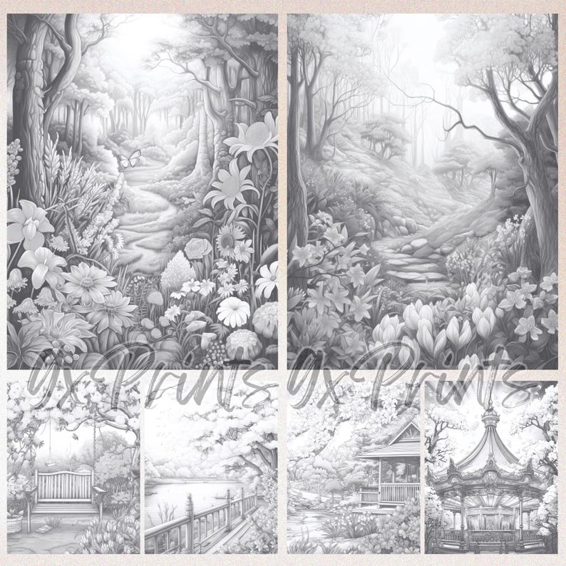 Spring Scene Grayscale Coloring Pages for Adults, Dark/light (PDF File ...