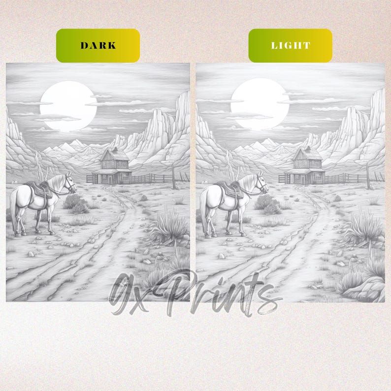 35 Wild West Grayscale Coloring Page for Adults, PDF File and Dark ...