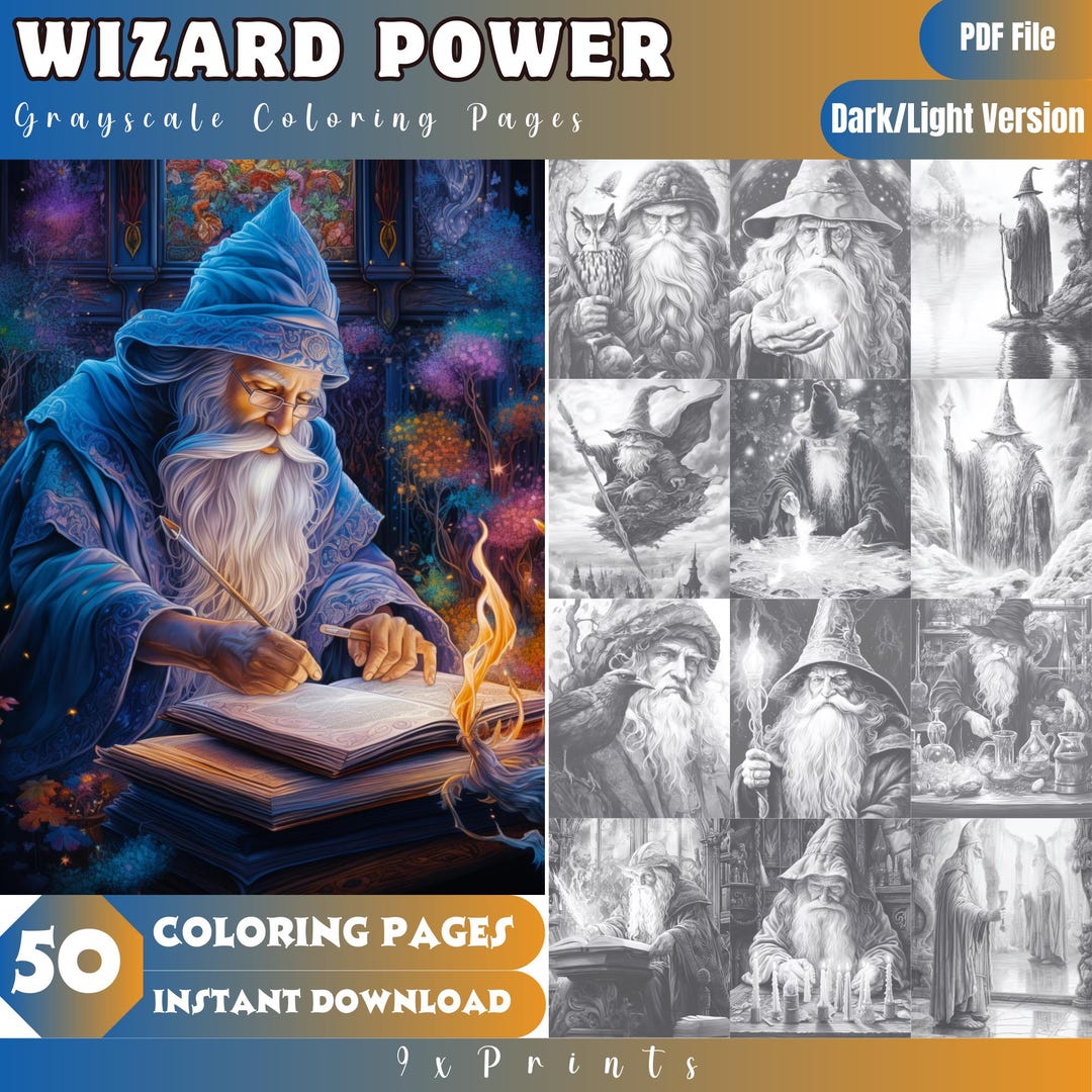 50 Wizard Power Grayscale Coloring Page for Adults, PDF and Dark/light ...