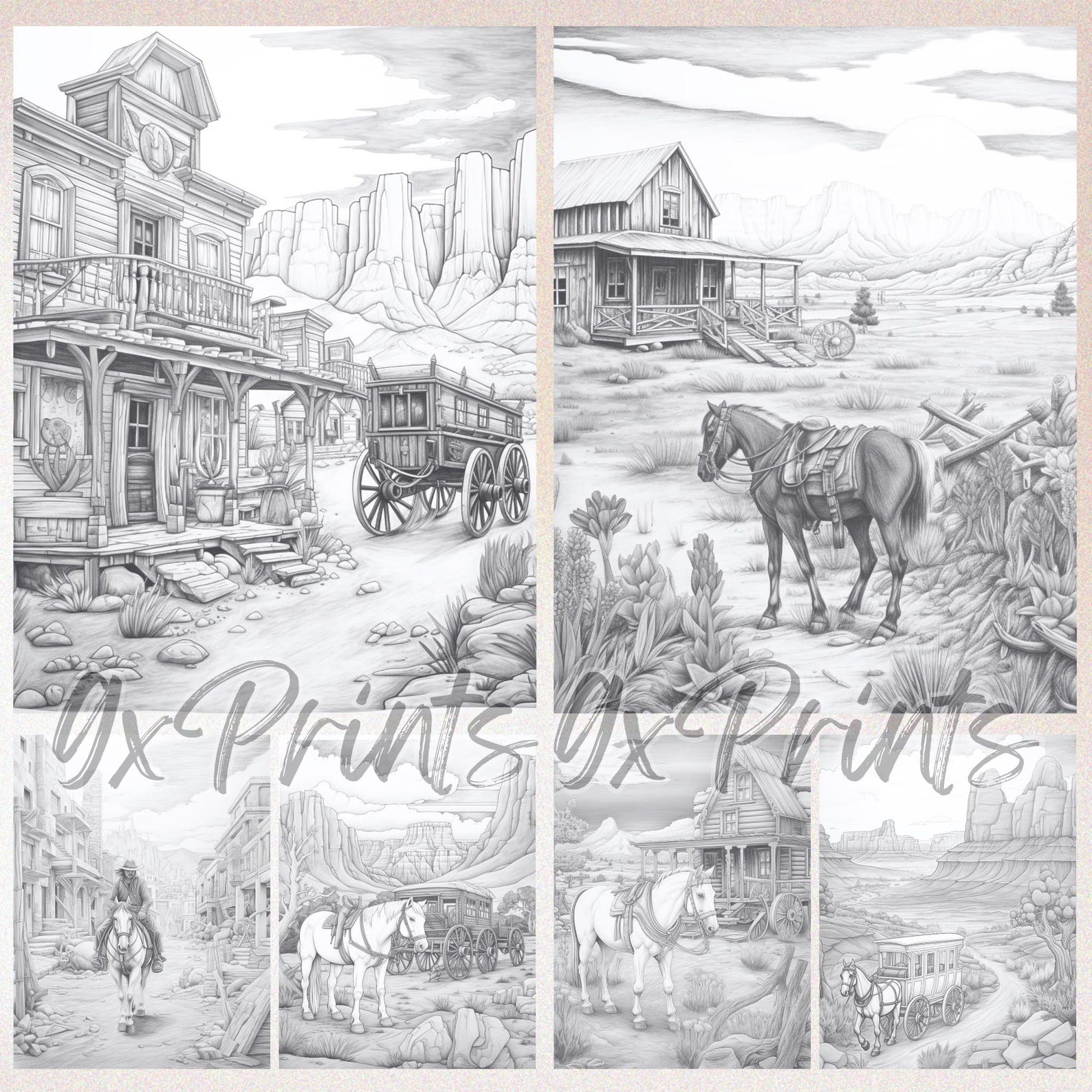 35 Wild West Grayscale Coloring Page for Adults, PDF File and Dark ...