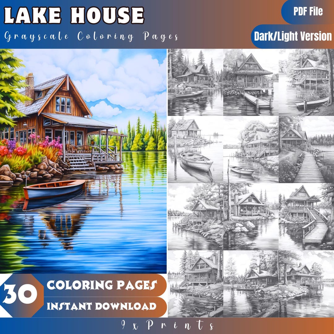 Lake House Grayscale Coloring Book, 30 Printable Pages (PDF File) - Etsy