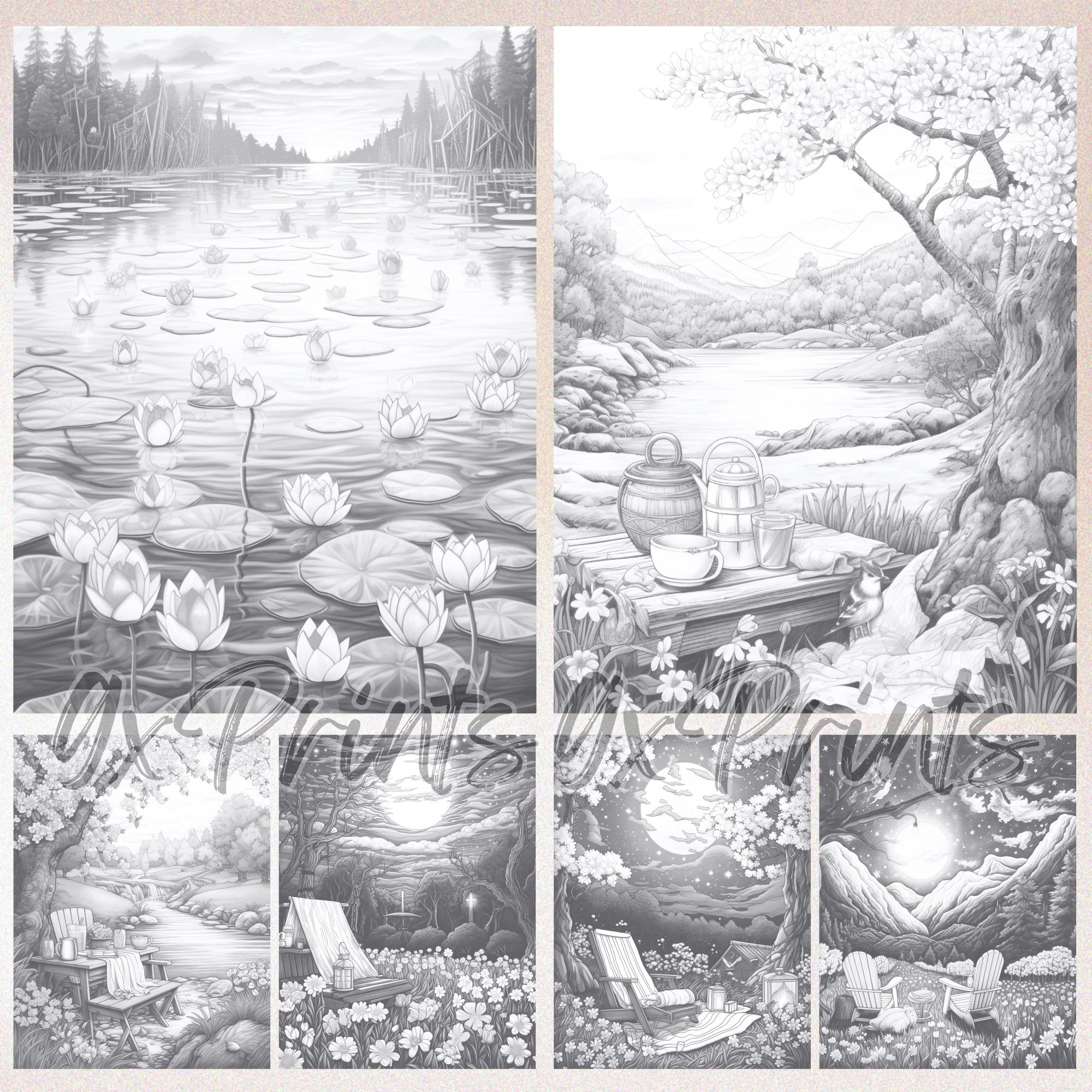 Spring Scene Grayscale Coloring Pages for Adults, Dark/light (PDF File ...