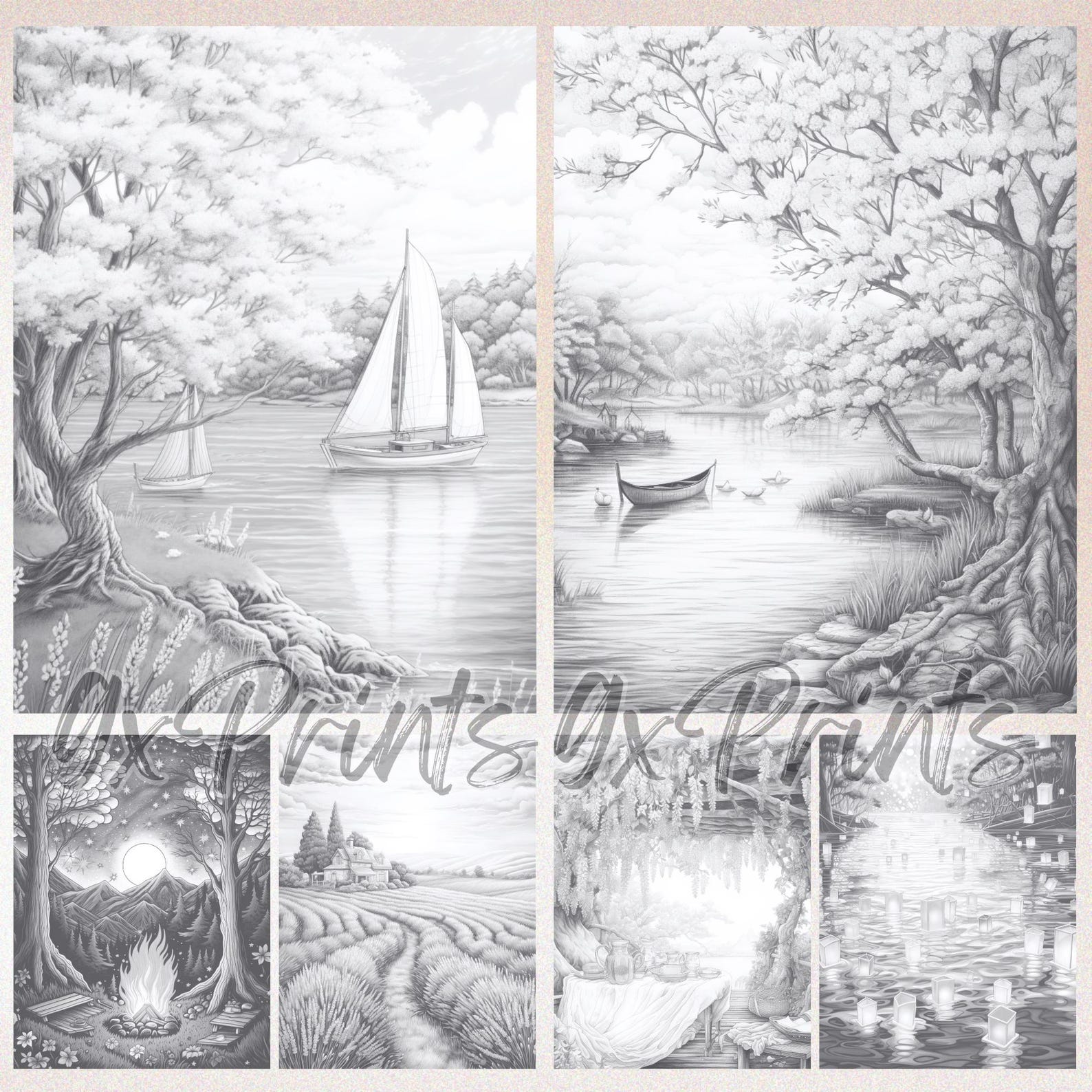 Spring Scene Grayscale Coloring Pages for Adults, Dark/light (PDF File ...