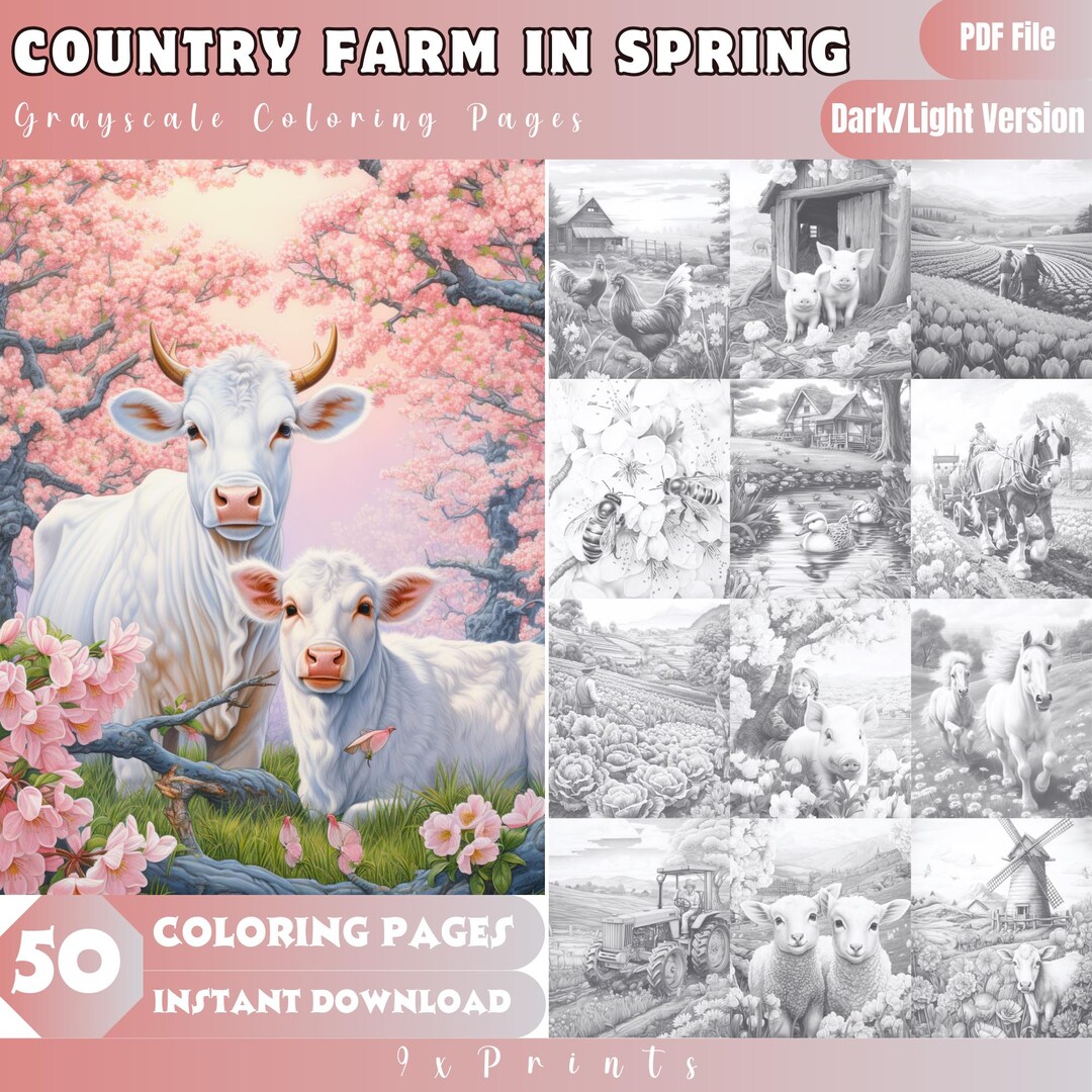 Country Farm Spring Grayscale Coloring Pages, 50 Illustrations (PDF) - Etsy