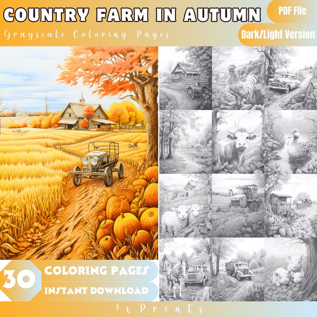Autumn Farm Grayscale Coloring Pages, Dark/light (PDF Download) - Etsy