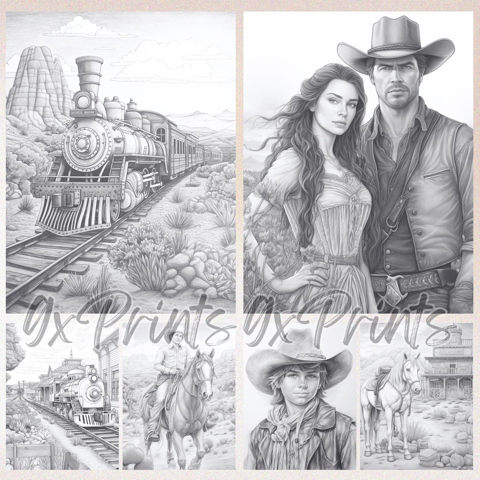 35 Wild West Grayscale Coloring Page for Adults, PDF File and Dark ...
