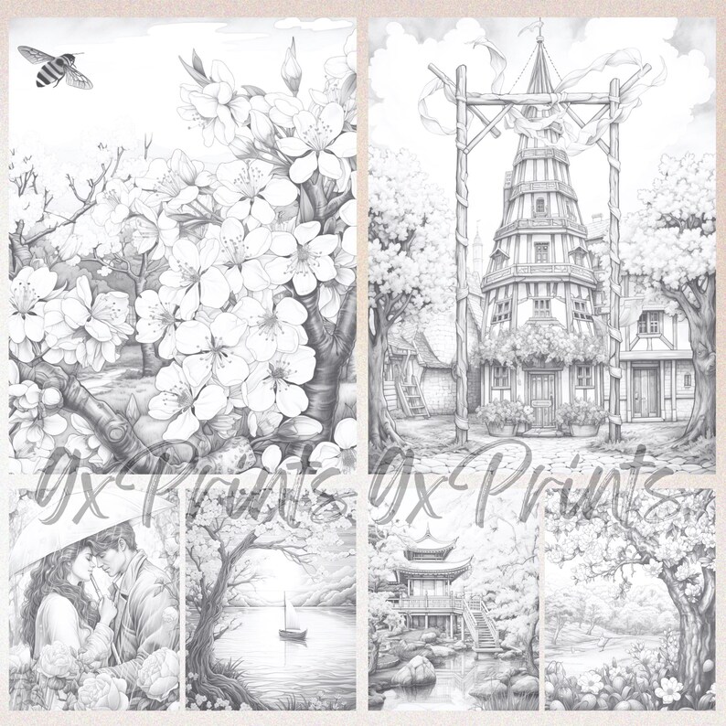 Spring Scene Grayscale Coloring Pages for Adults, Dark/light (PDF File ...