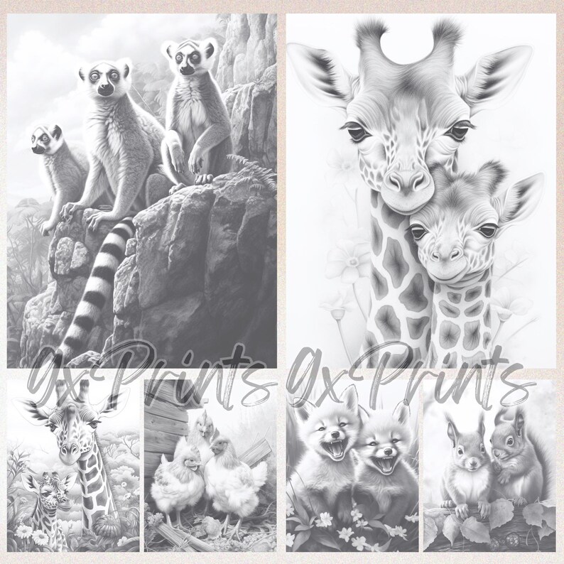 Adorable Animals Grayscale Coloring Book, 50 Pages (PDF) - Etsy