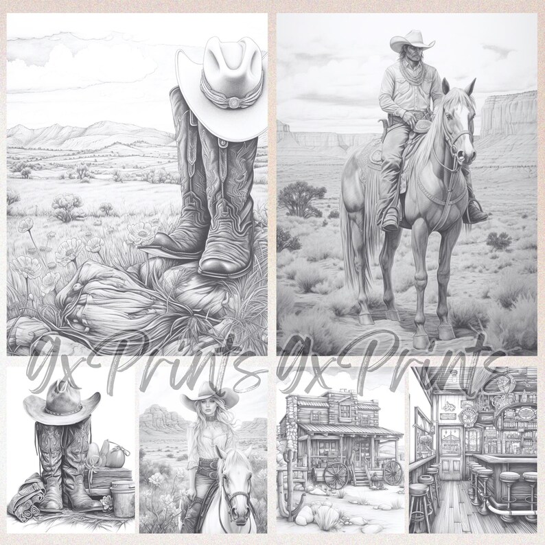 35 Wild West Grayscale Coloring Page for Adults, PDF File and Dark ...
