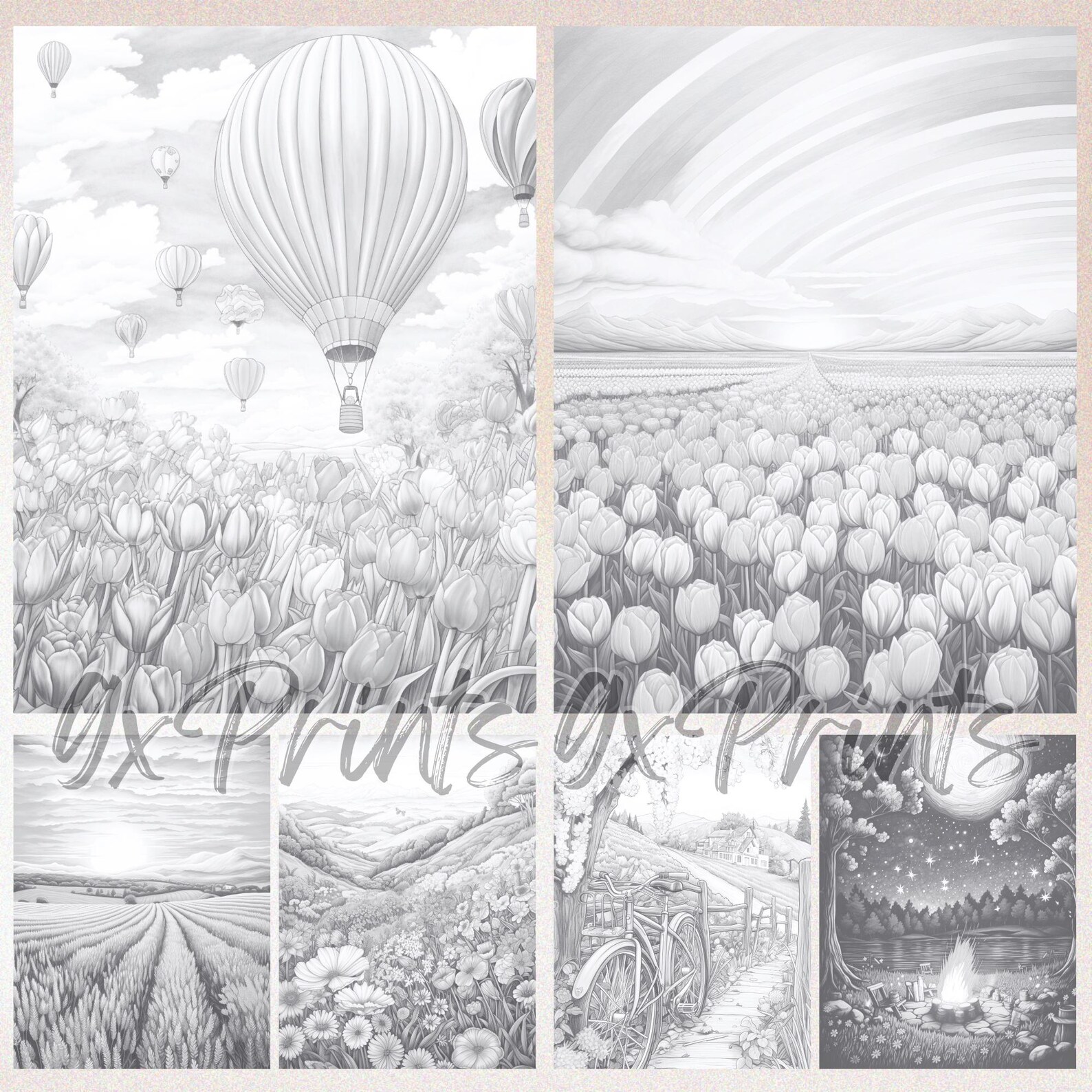 Spring Scene Grayscale Coloring Pages for Adults, Dark/light (PDF File ...
