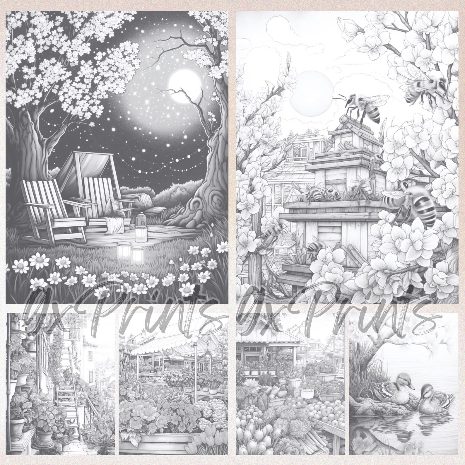 Spring Scene Grayscale Coloring Pages for Adults, Dark/light (PDF File ...