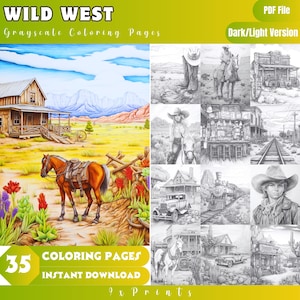 35 Wild West Grayscale Coloring Page for Adults, PDF File and Dark ...