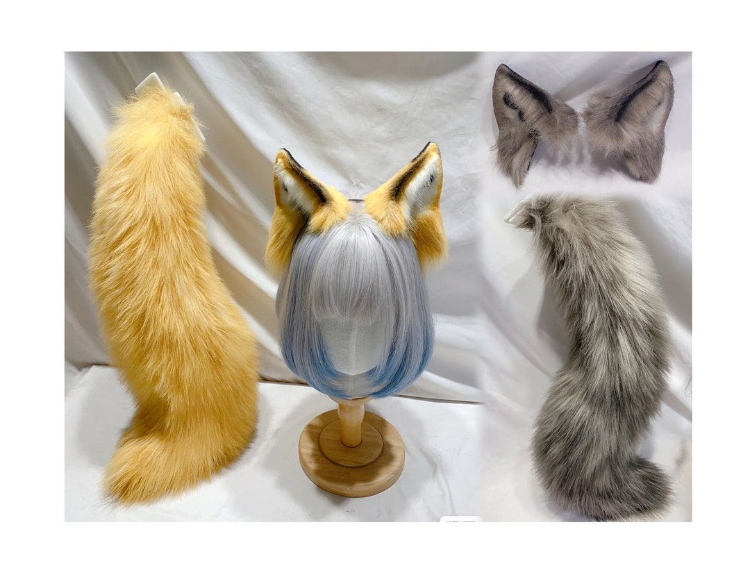 Handmade Fox Ears Tail Set Furry Faux Fur Animal Ears Hairband Pale ...
