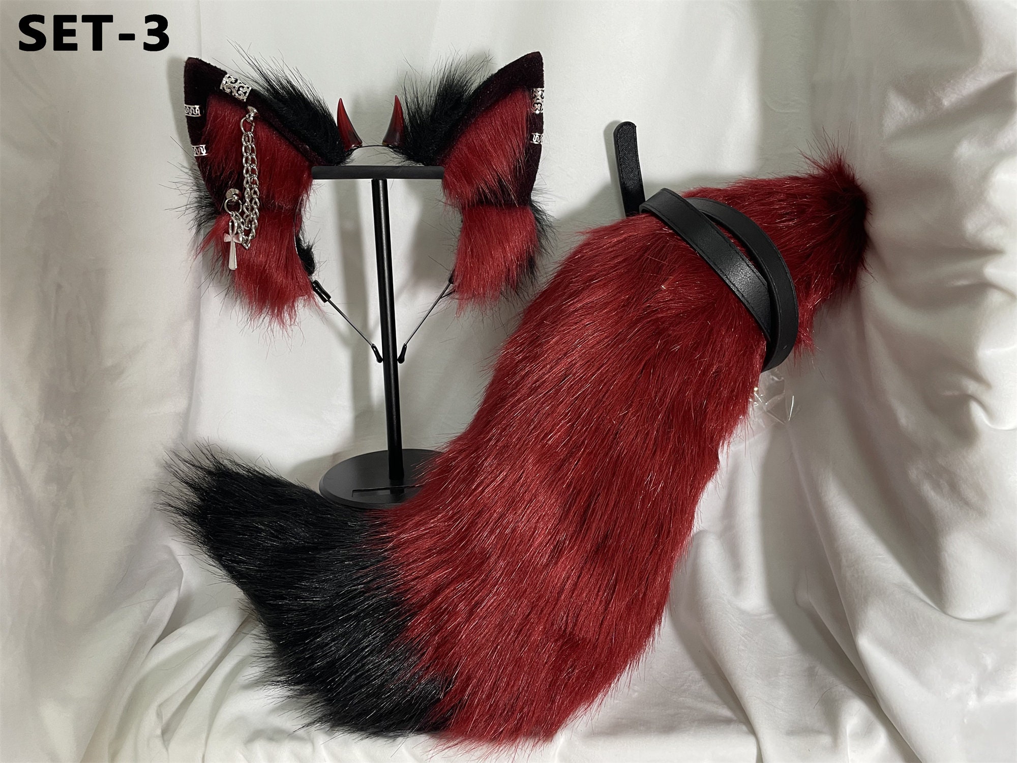 Handmade Goth Devil Wolf Ears Tail Furry Faux Fur Black Red Wolf Ears ...