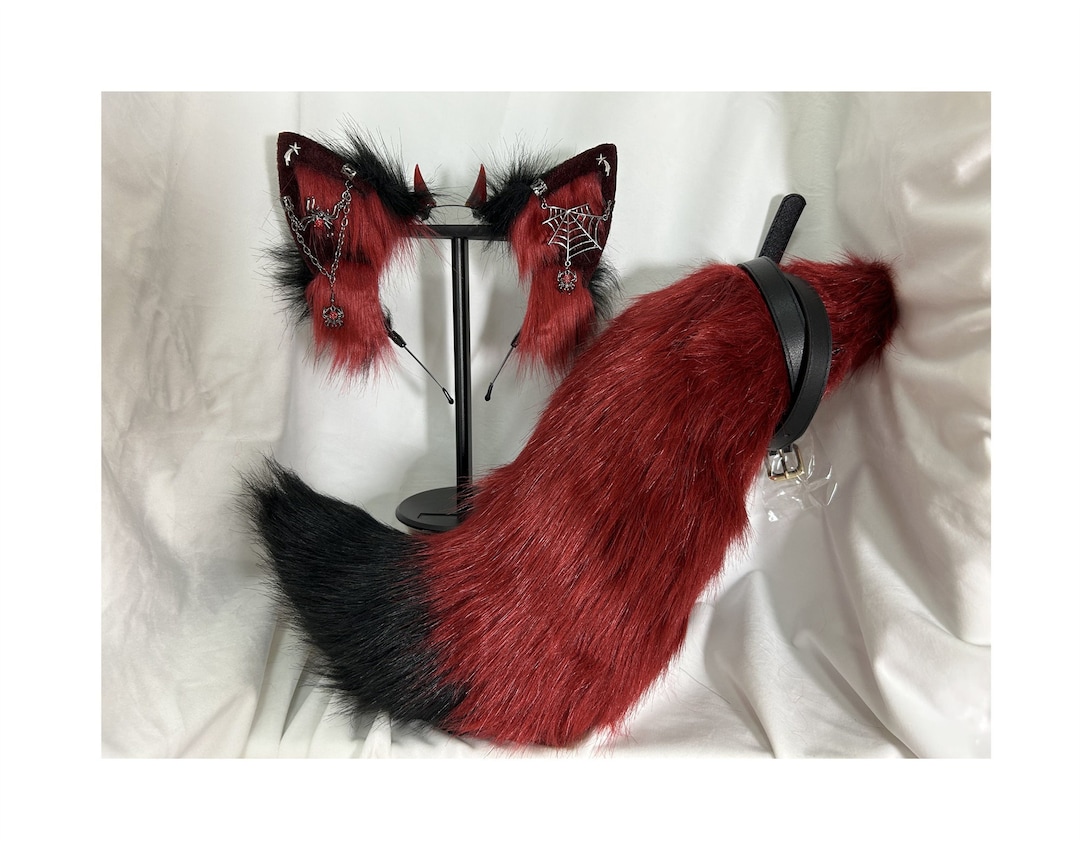 Handmade Goth Devil Wolf Ears Tail Furry Faux Fur Black Red Wolf Ears ...