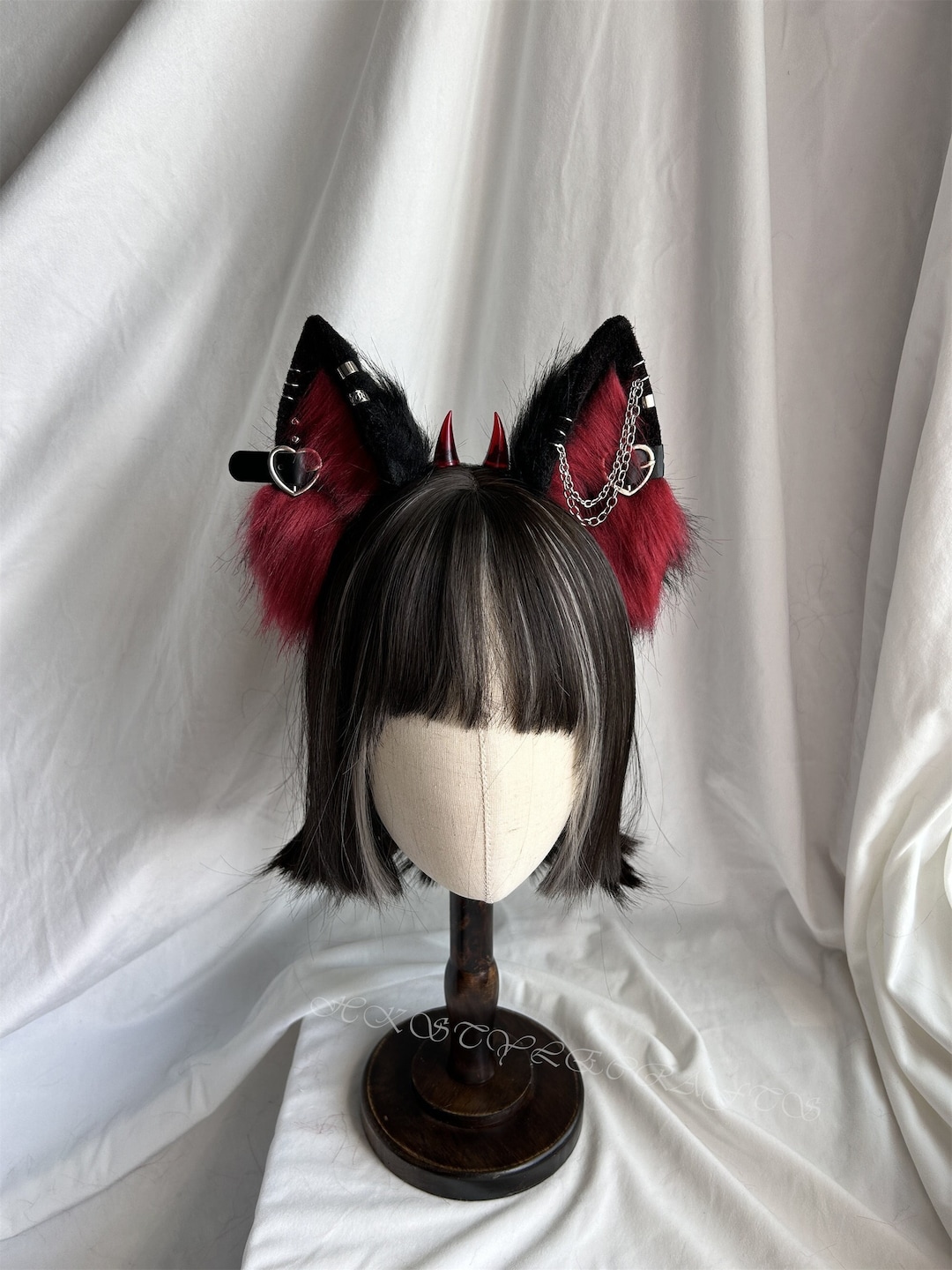Goth Devil Wolf Ears Tail Furry Faux Fur Black Red Wolf Ears Black Red ...