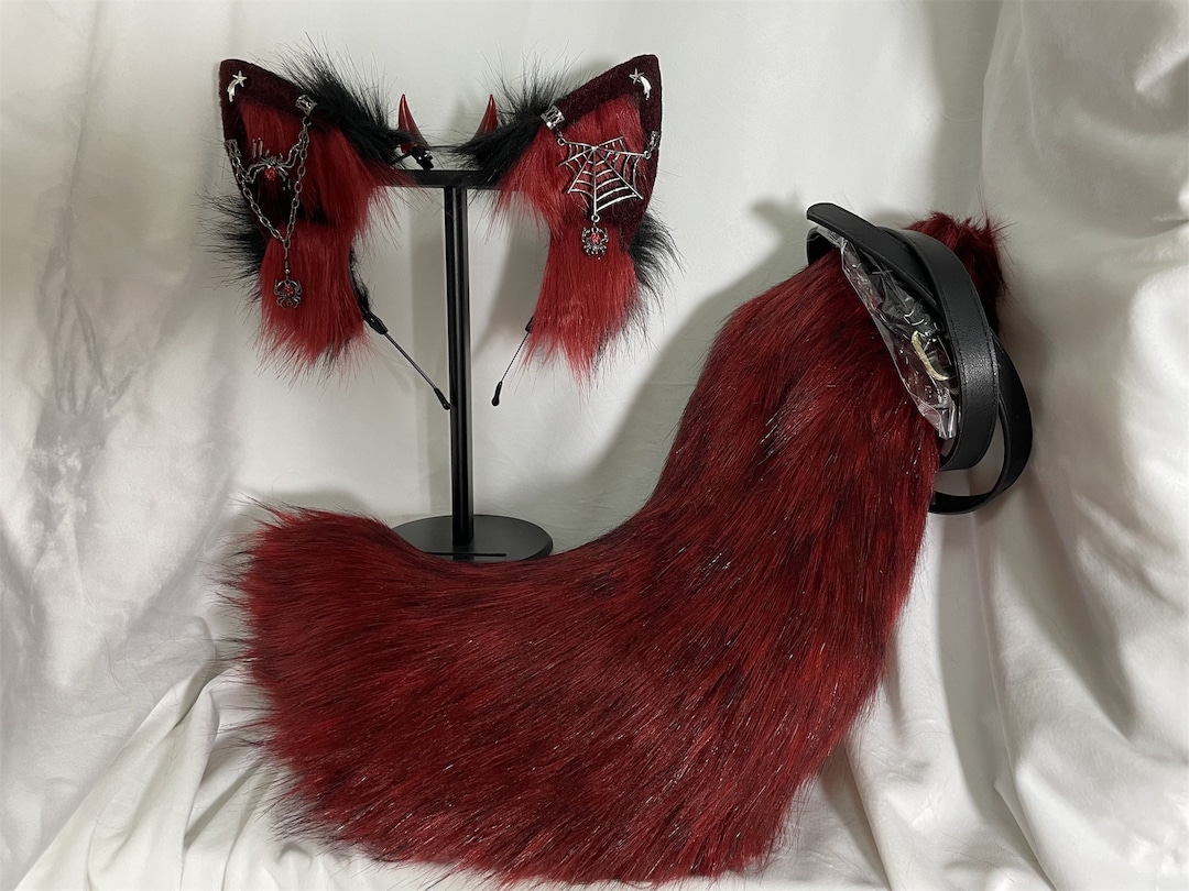 Handmade Goth Devil Wolf Ears Tail Furry Faux Fur Black Red Wolf Ears Black Red Wolf Tail