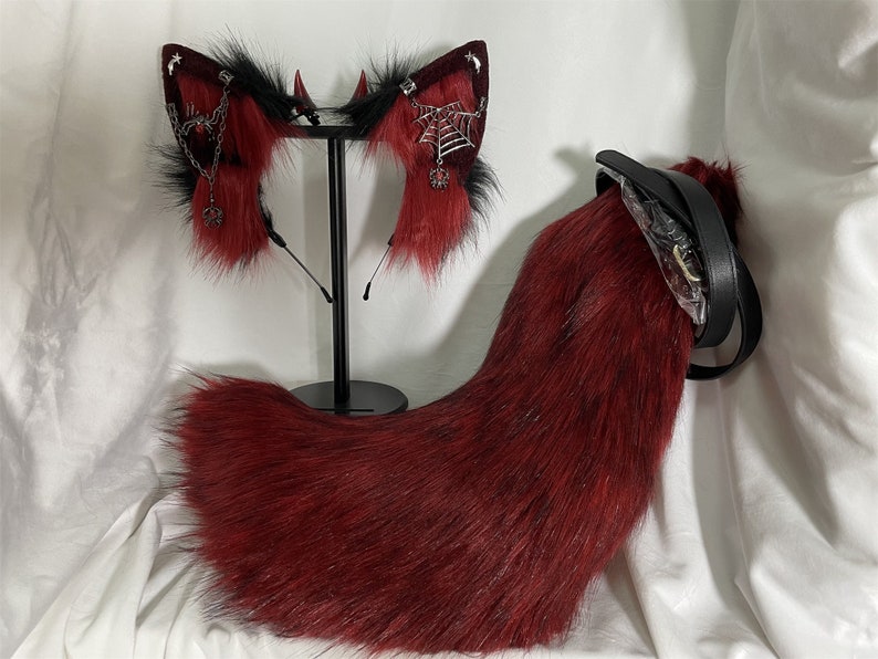 Handmade Goth Devil Wolf Ears Tail Furry Faux Fur Black Red Wolf Ears ...