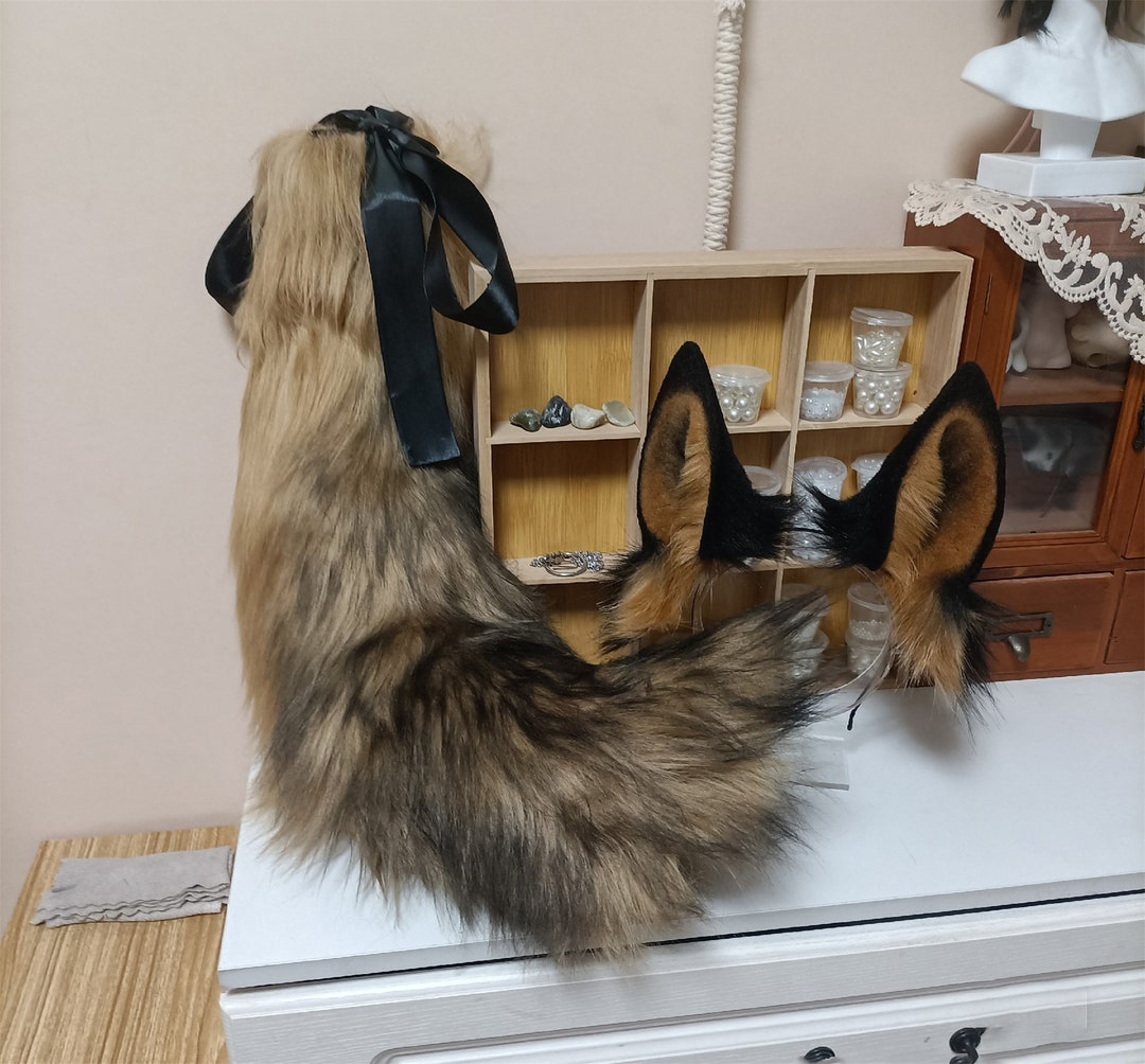 Handmade German Shepherd Ears Tail Set, Furry Dog Ears Hairband, Black ...