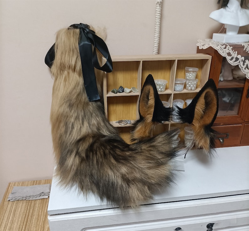 Handmade German Shepherd Ears Tail Set, Furry Dog Ears Hairband, Black ...