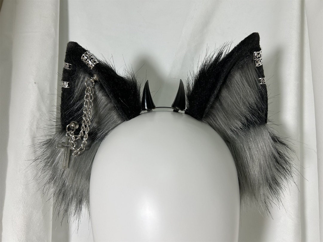 Handmade Goth Wolf Ears Tail Furry Faux Fur Black Red Wolf Ears Headband With Spider Black Red