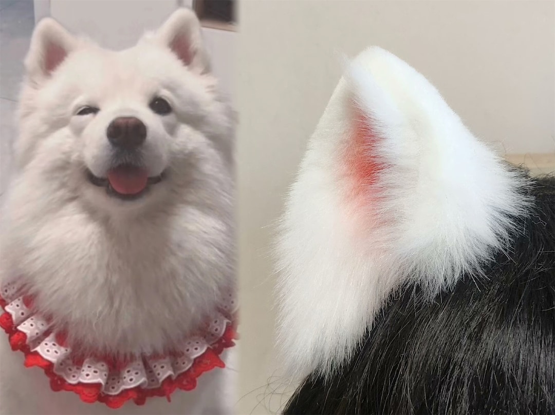 Handmade Samoyed Dog Puppy Ears Hairband White Pink Furry Faux Fur ...