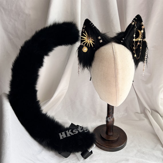 Pandora Cat Ears and Tail Black Cat Ears Headband with Star Moon Black Furry Cat Tail Cosplay Black Cat Costume