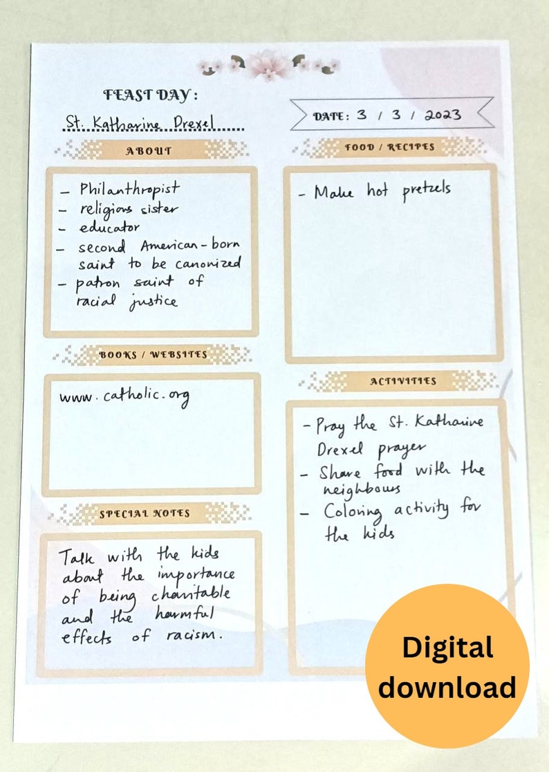 Printable Catholic Feast Day Planner/printable Sheet/liturgical Year ...