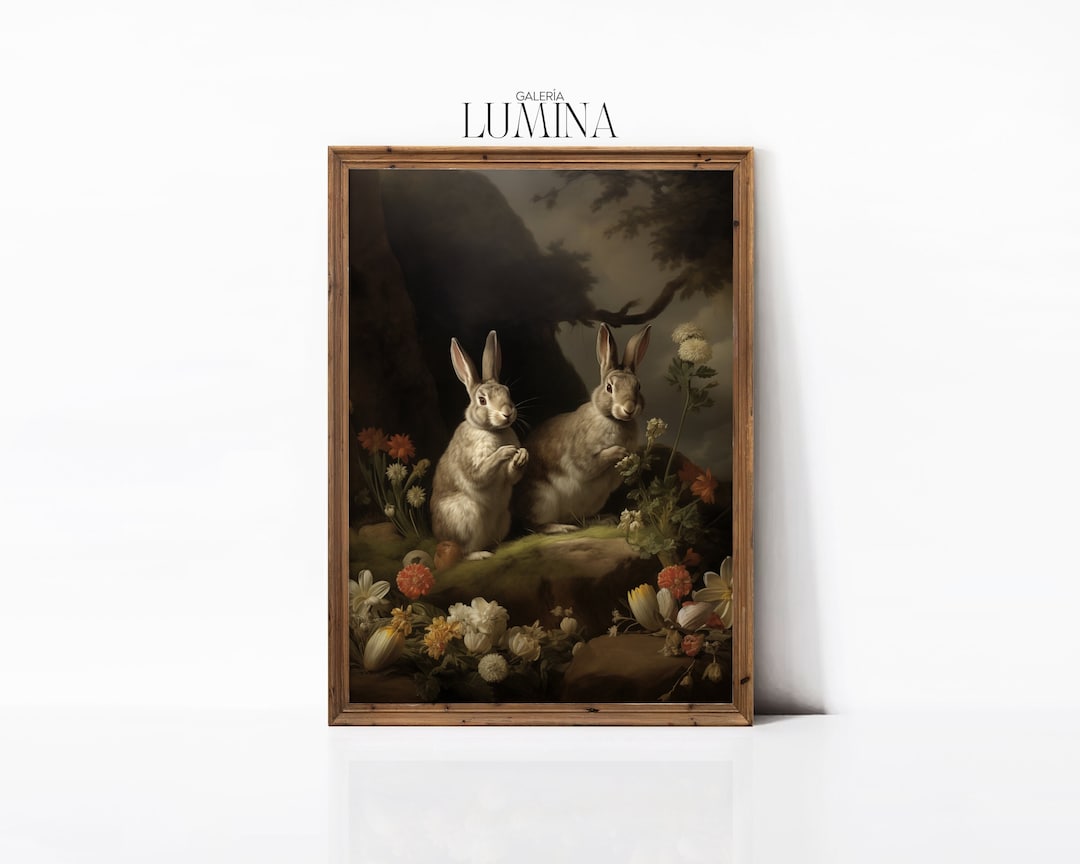 Two Rabbits in A Valley Original Oil Painting Vintage Bunny Print ...