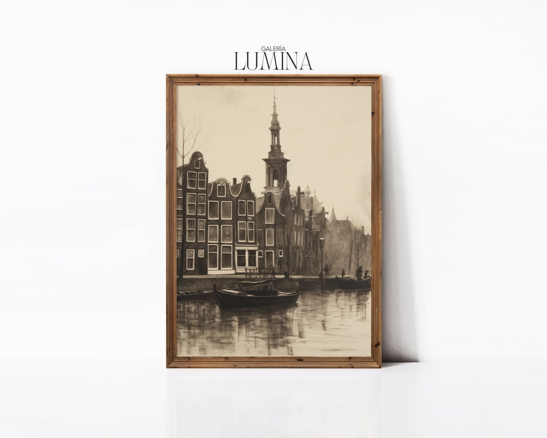 Vintage Etching of Old Amsterdam Houses Antique European City Sketch ...