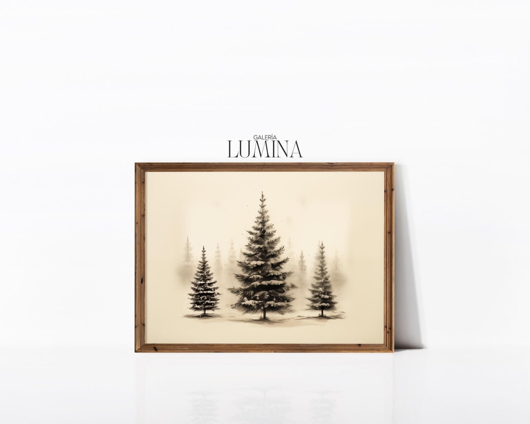 Vintage Christmas Tree Charcoal Drawing Minimalist Christmas Tree ...